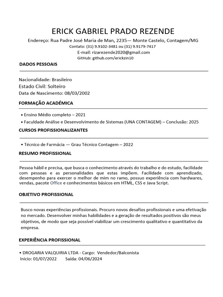 Currículo Erick Gabriel | PDF