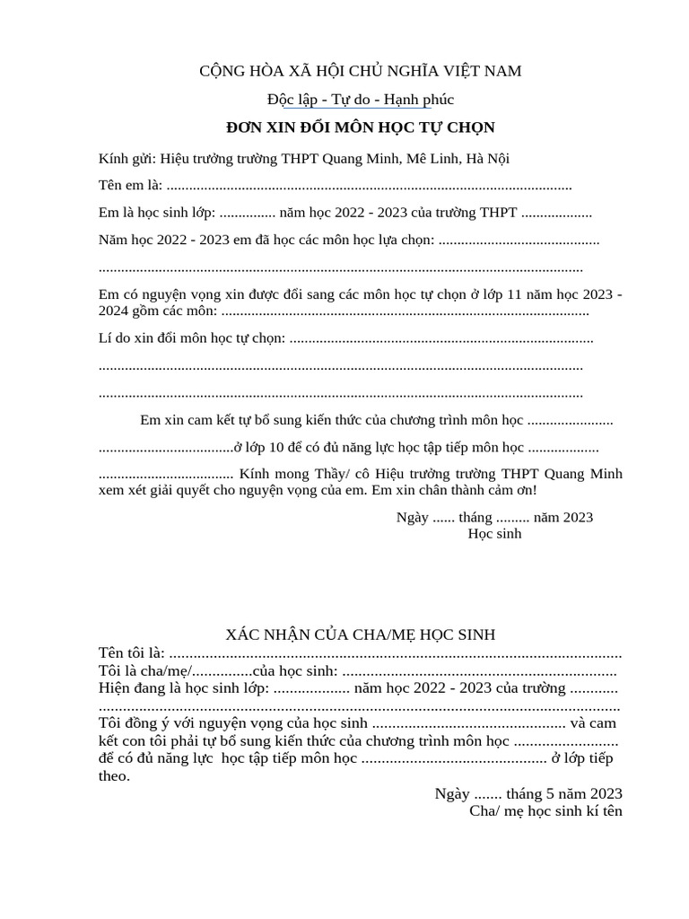 Don Xin Doi Mon Hoc Tu Chon | PDF