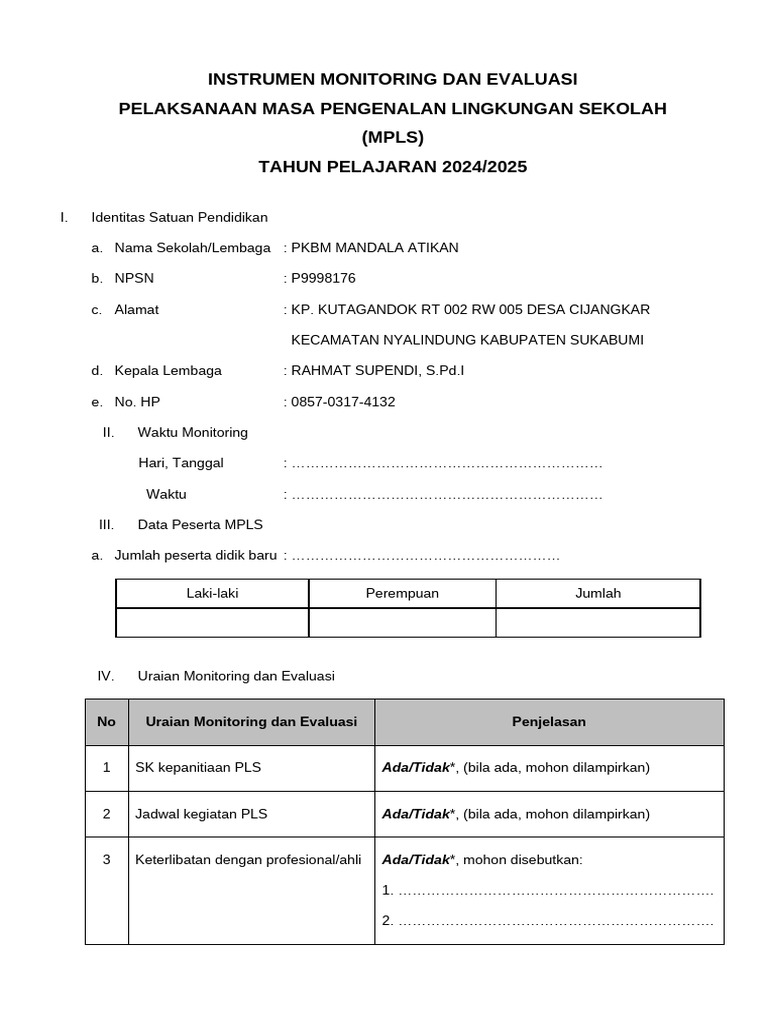Instrumen Monitoring MPLS 2024-2025 | PDF