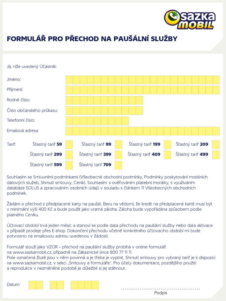 SAZKAmobil Formular Prechod Pausalni Sluzby | PDF