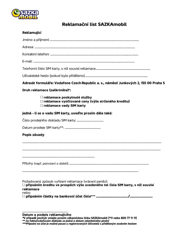 SAZKAmobil Reklamacni List | PDF