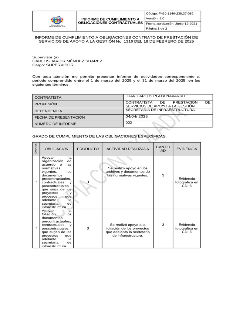 Informe de Cumplimiento Obligaciones Contractuales 1 | PDF