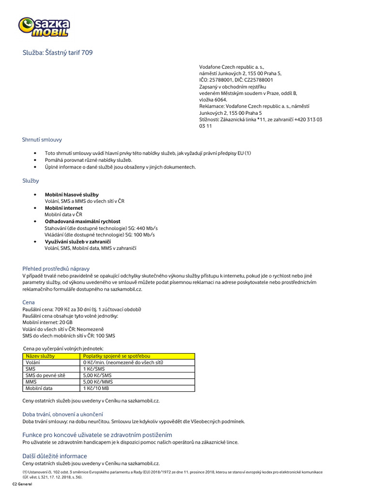 SAZKAmobil Shrnuti Smlouvy Tarif 709 | PDF