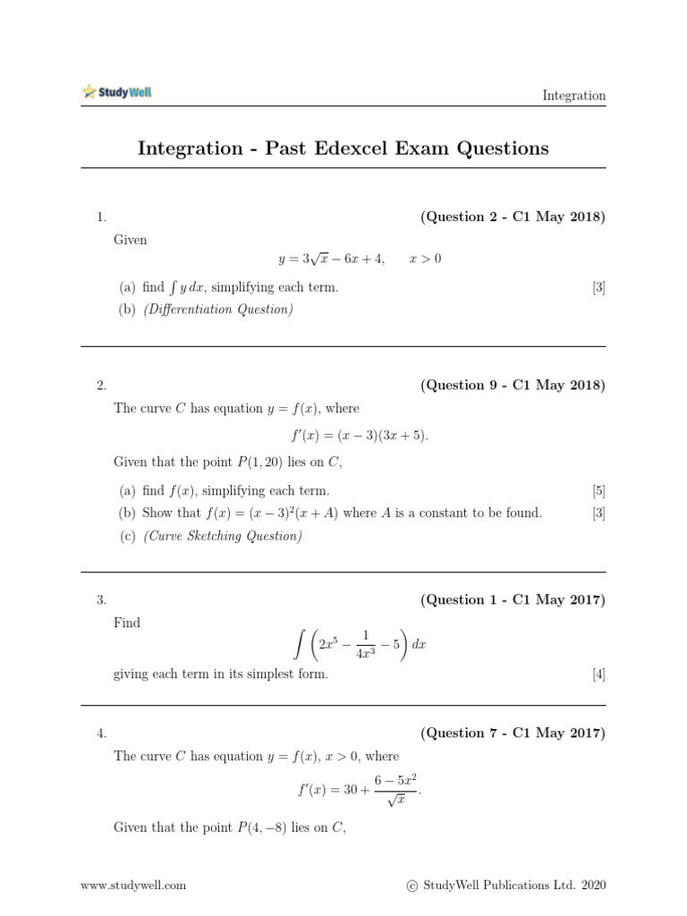 Integration Exam Questions | PDF | Equations | Integral
