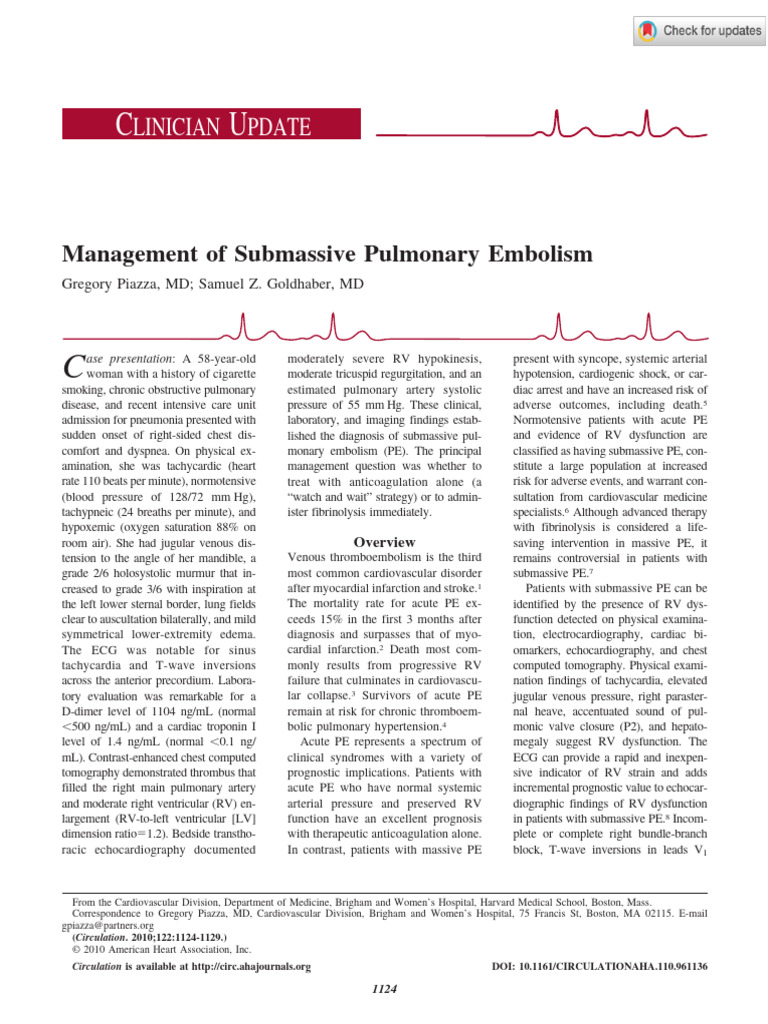 Piazza Goldhaber Management of Submassive Pulmonary Embolism | PDF ...