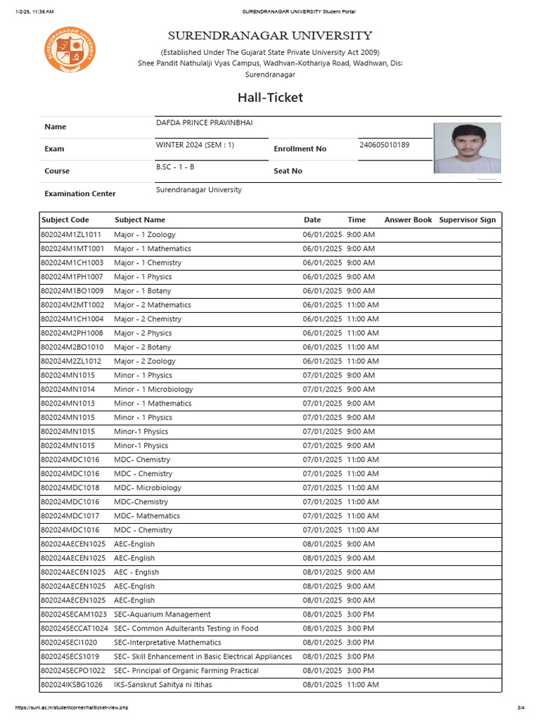 SURENDRANAGAR UNIVERSITY Student Portal PRINCHA | PDF | Educational Stages | Qualifications