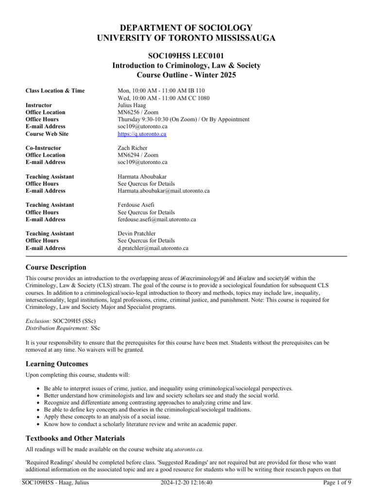 SOC109H5S LEC0101 Syllabus | PDF | Plagiarism | Academic Dishonesty