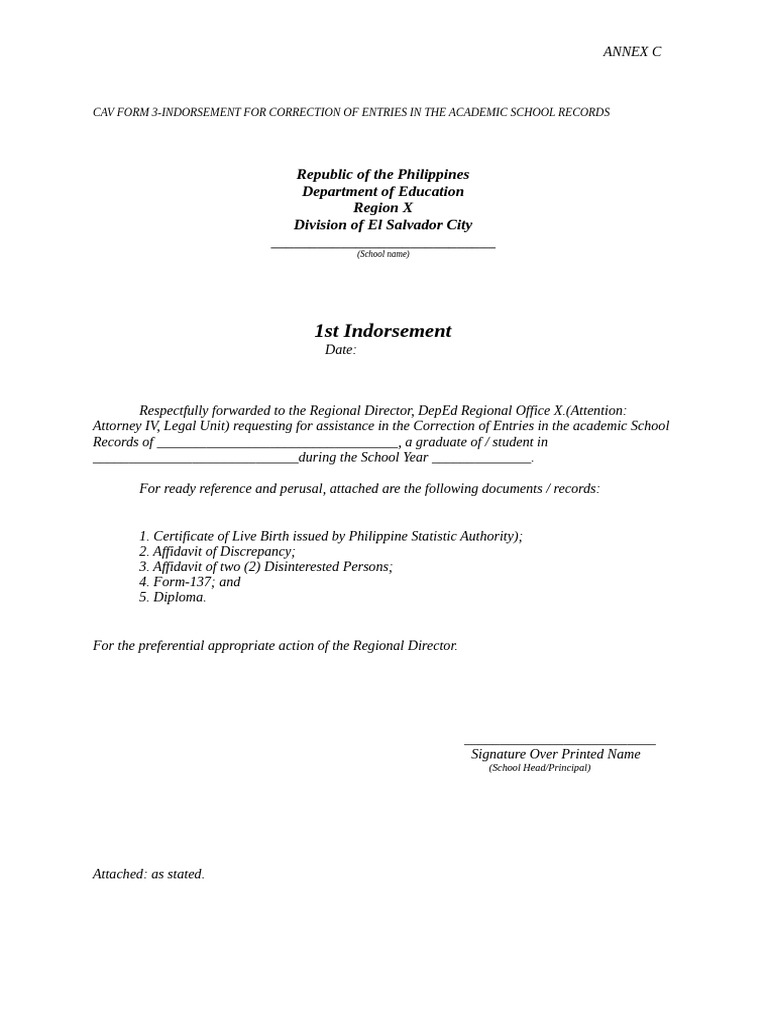 Cav-Form-3-Indorsement Correction Enrollment Completion | PDF