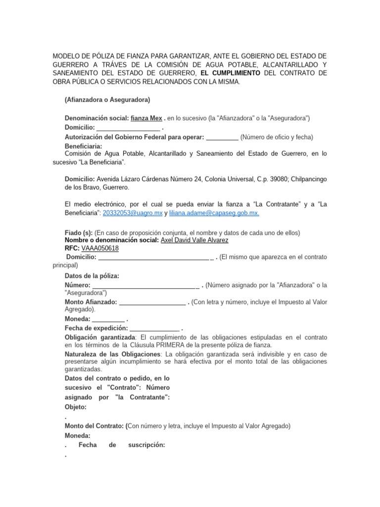 Modelo de Póliza de Fianza de Cumplimiento | PDF | Póliza de seguros | Seguro