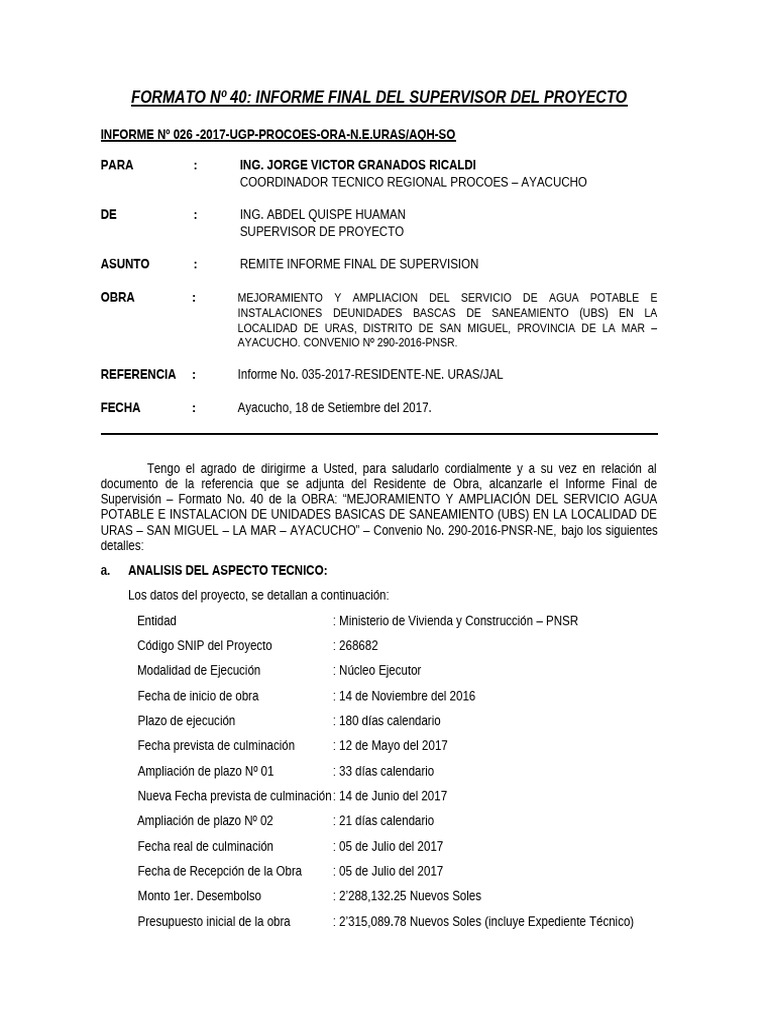 Formato-40 - Inf Final Uras | PDF | Presupuesto | Agua