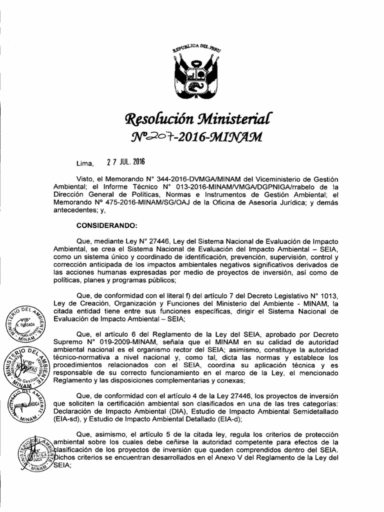 RM N - 207 2016 Minam | PDF | Evaluación de impacto ambiental | Entorno ...