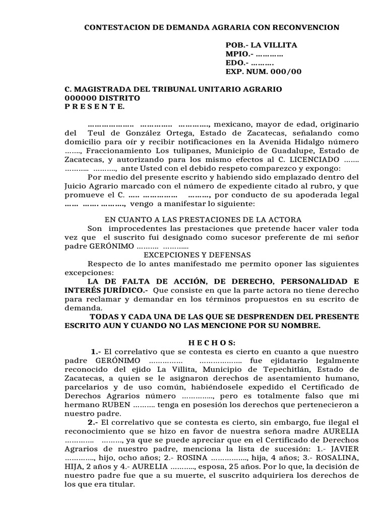 Contestacion de Demanda Agraria Con Reconvencion | PDF