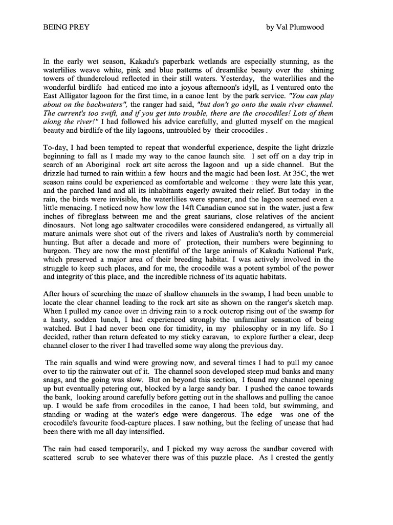 BEING PREY by Val Plumwood (Alternative Version) | PDF