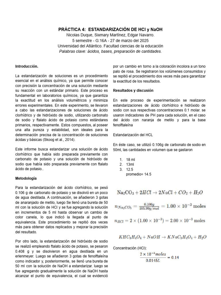 Informe 4_ ESTANDARIZACIÓN DE HCl e NaOH | PDF | Valoración | Química