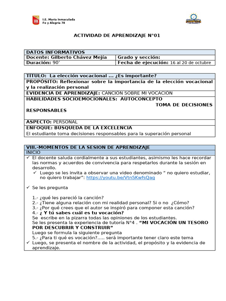 1° ACTIVIDAD DE APRENDIZAJE - Orientación Vocacional 2024 | PDF