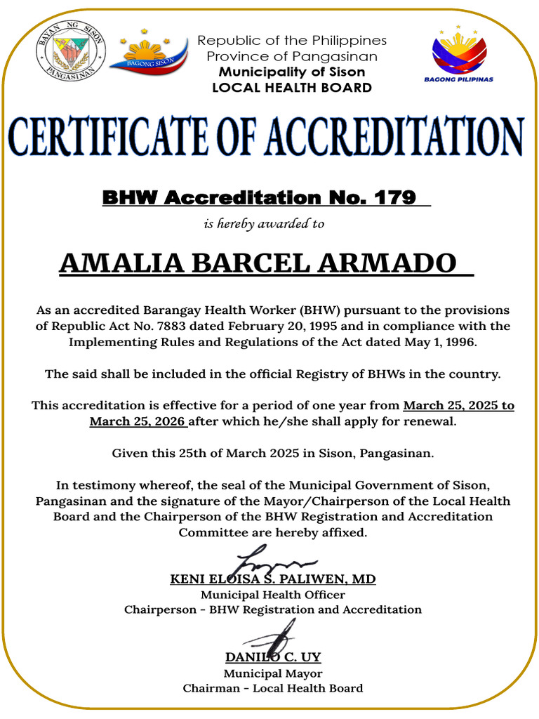 BHW Accreditation Certificate | PDF | Mayor | Political Law