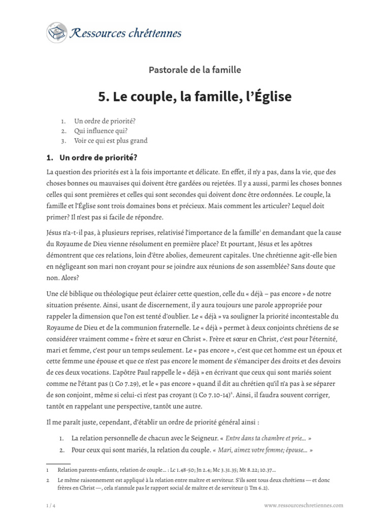 Priorités du couple et de la famille chrétienne | PDF