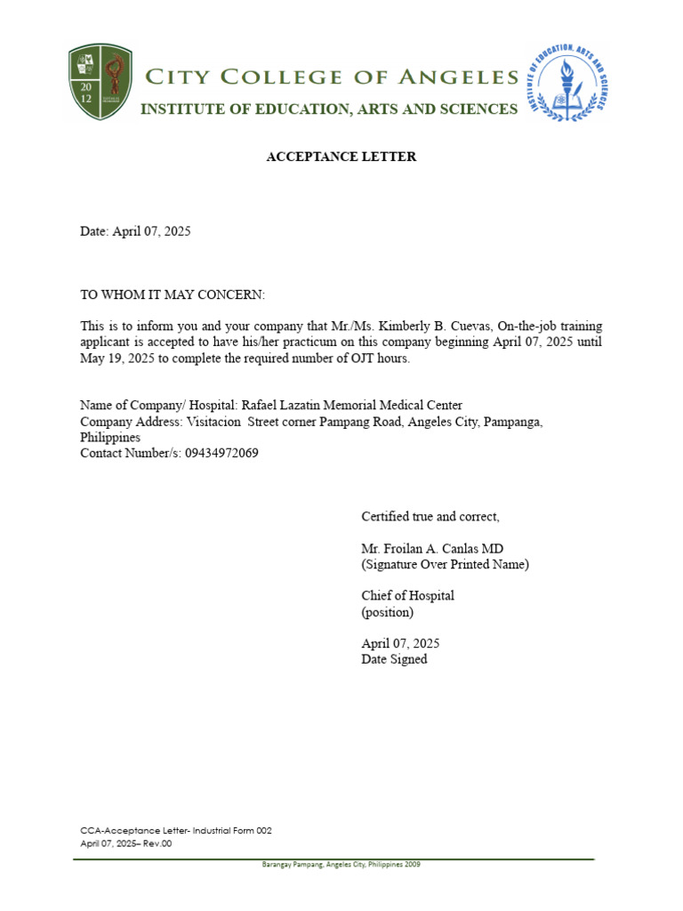 OJT Acceptance Letter for Kimberly Cuevas | PDF