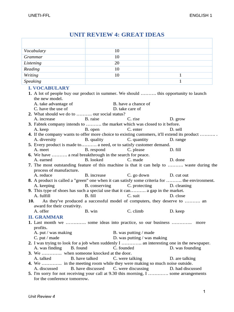 Unit Review 4: Vocabulary & Grammar Test | PDF