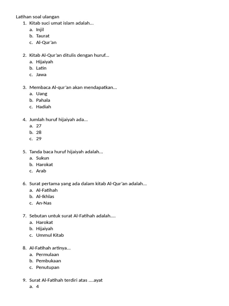 Ulangan Harian Huruf Hijaiyah Kelas 1 | PDF