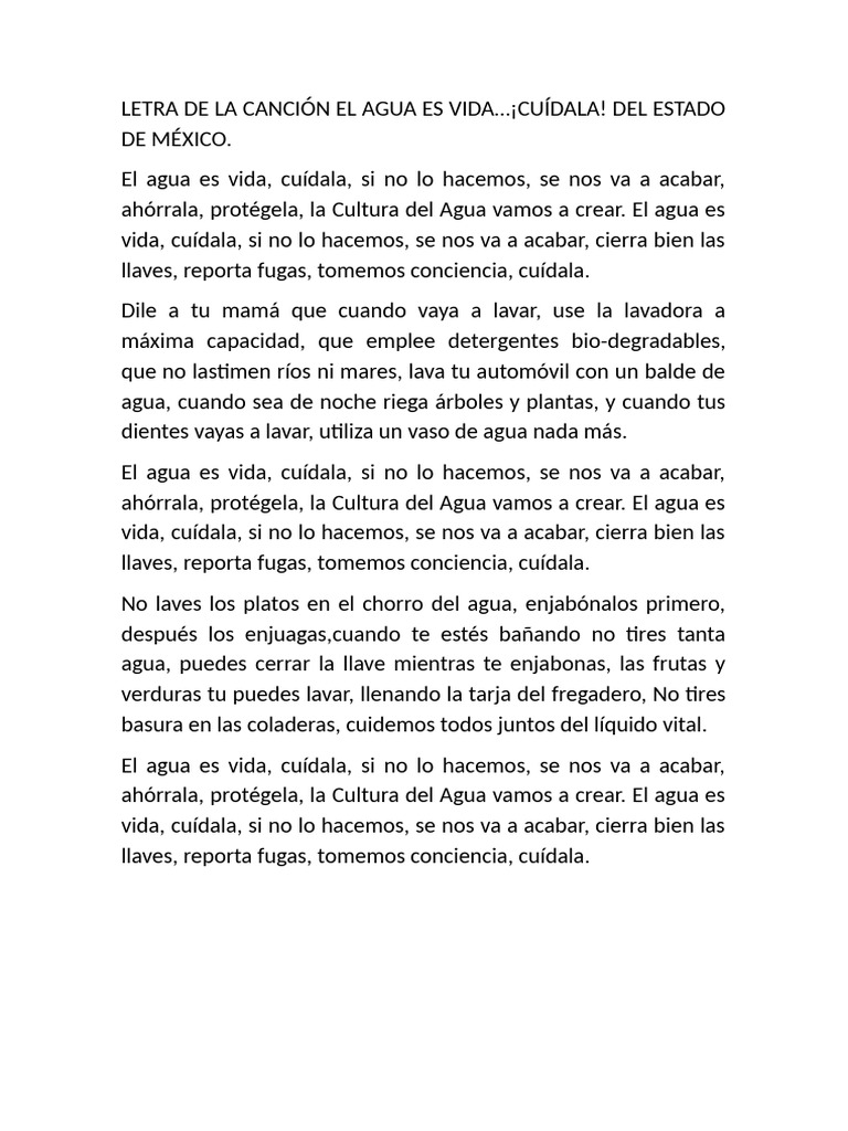 Letra de "El Agua es Vida, Cuídala" | PDF