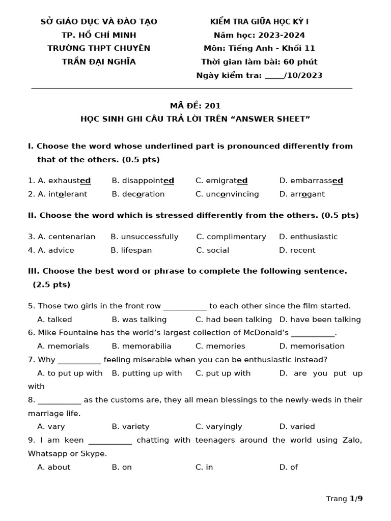REVIEW 3-Anh 11 - ghk1 - 23-24 | PDF | Adolescence