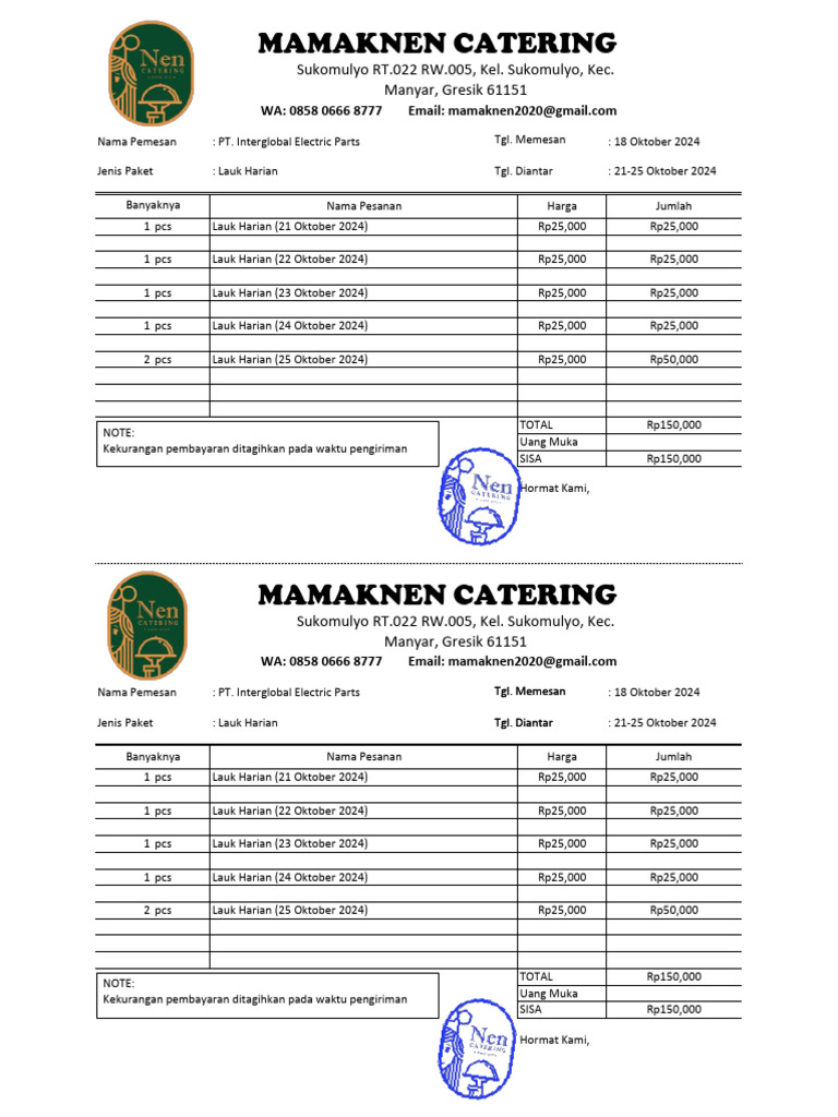 Nota MamakNen Catering (IEP-Lauk Harian) 21-25 Oktober 2024 | PDF