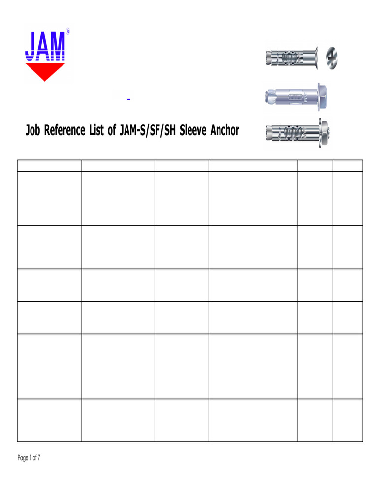JAM Sleeve Anchor Job Reference List | PDF