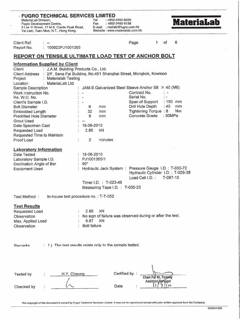 2 JAM-S M6 M8 M10 Tensile - Shear Test Reports | PDF