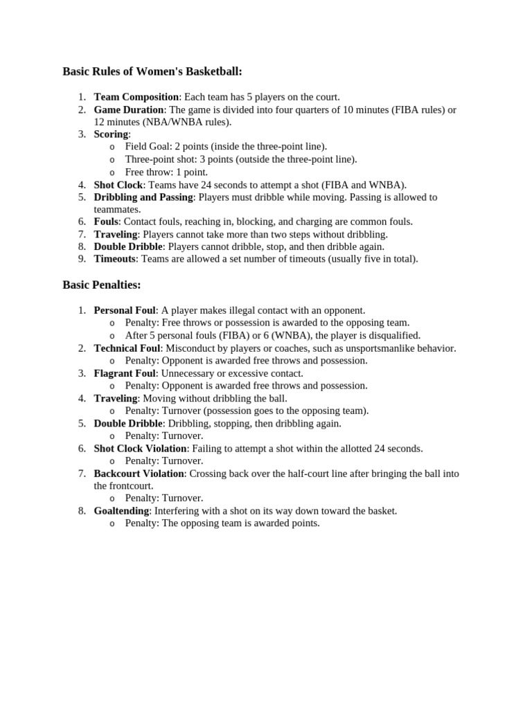 Women's Basketball Rules Overview | PDF | Basketball Positions | Games ...