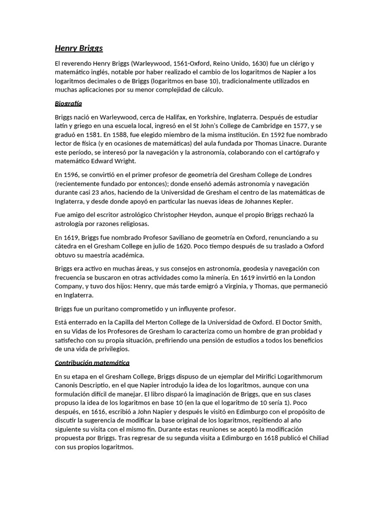 Biografía de Henry Briggs y logaritmos | PDF | Matemáticas
