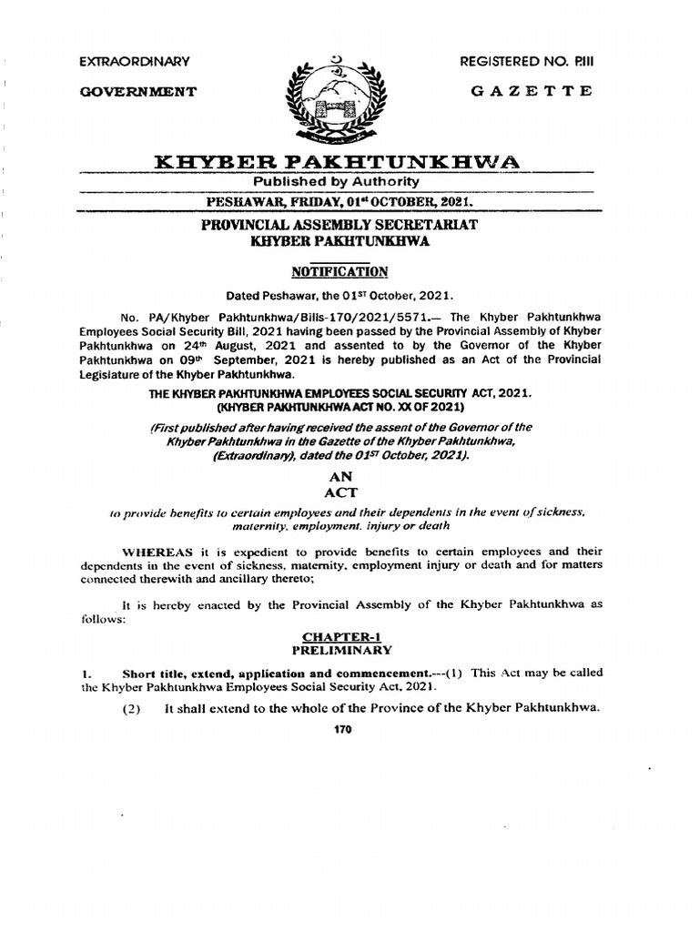 The KP Employees Social Security Act2021 Gazzetted1 | PDF