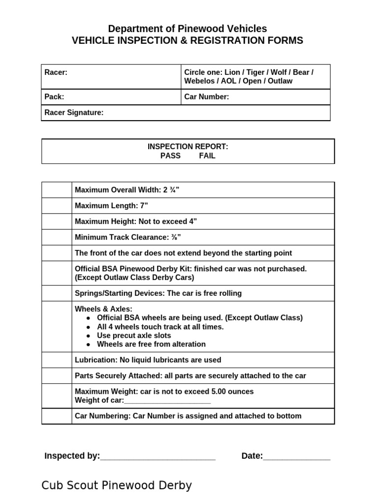 Pinewood Derby Car Inspection Guidelines | PDF | Motor Vehicle | Vehicles