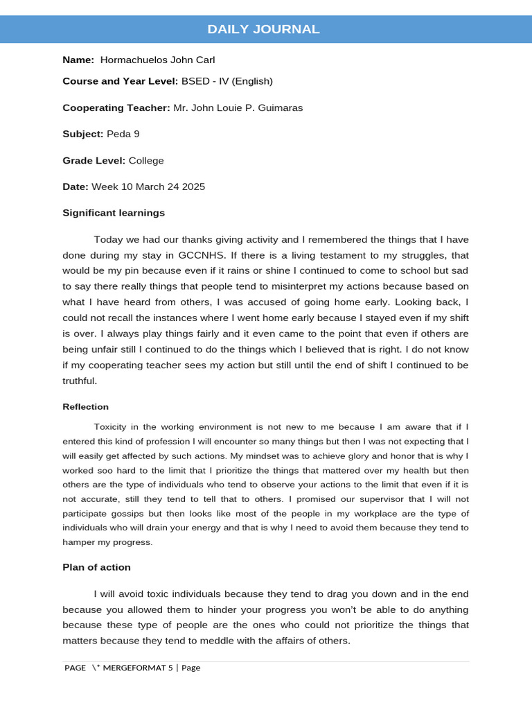 Daily Journal Format | PDF | Procrastination | Professional Skills