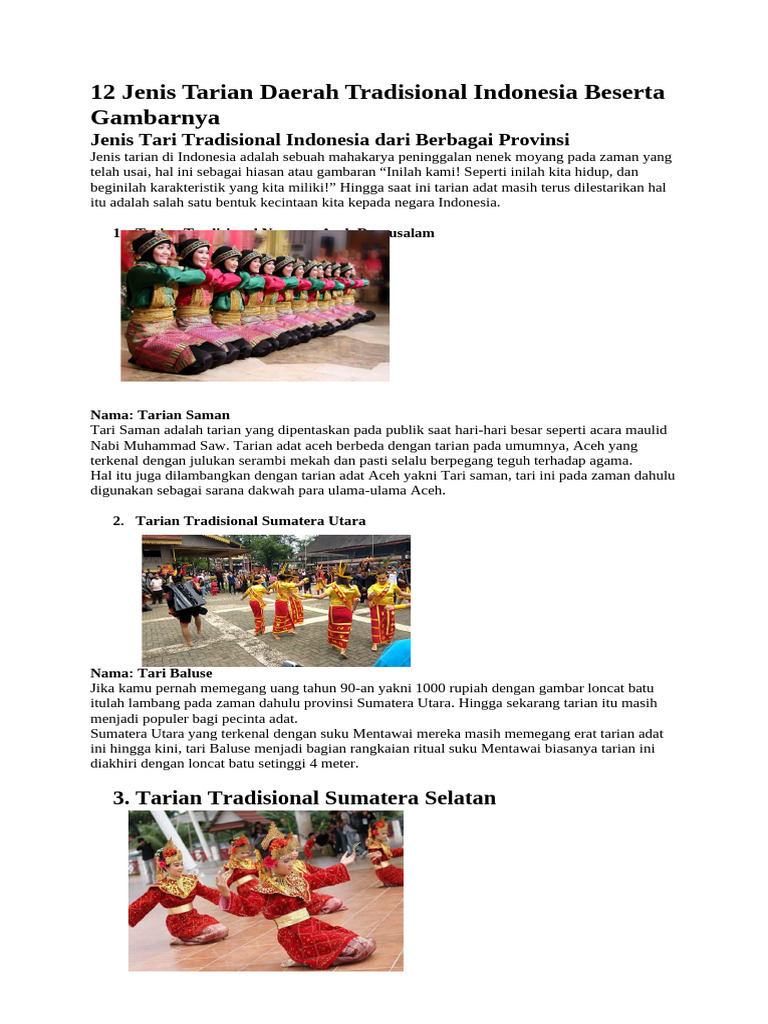 12 Jenis Tarian Daerah Tradisional Indonesia Beserta Gambarnya | PDF