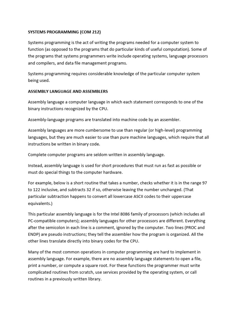 Systems Programming Com 212 - 2021 | PDF | Operating System | Assembly Language