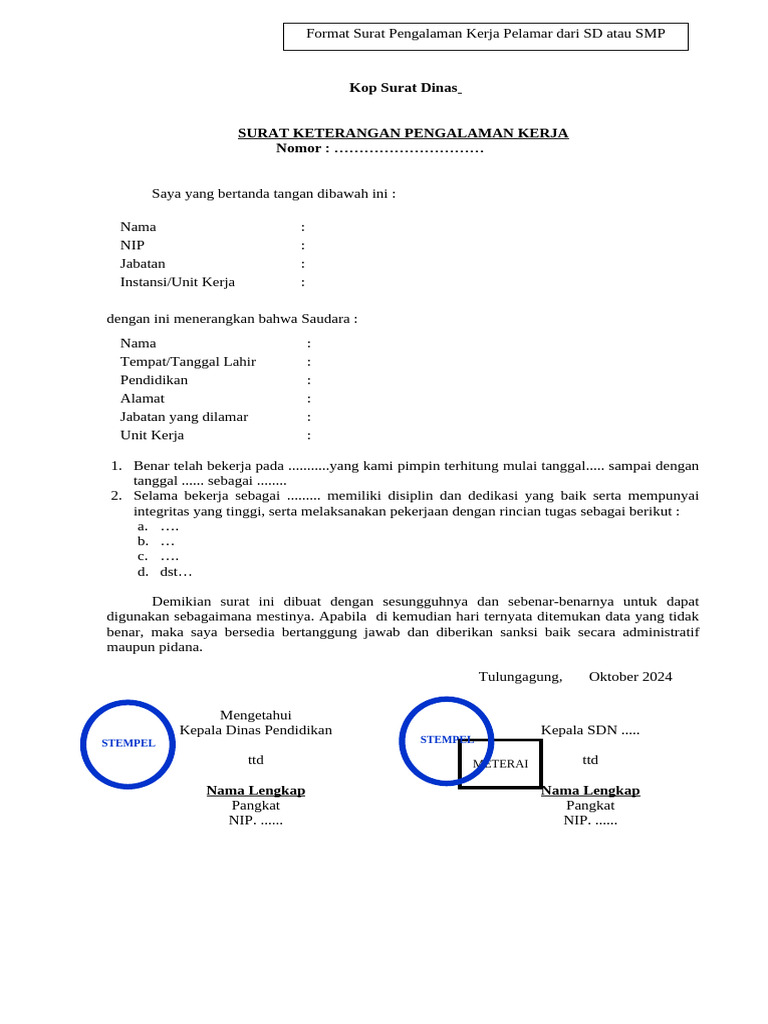 Format Surat Pengalaman Kerja Dinas | PDF