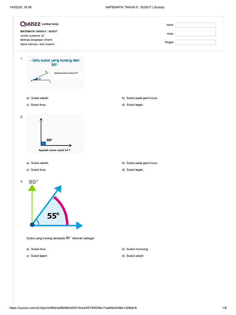 Quizizz - MATEMATIK TAHUN 5 _ SUDUT | PDF