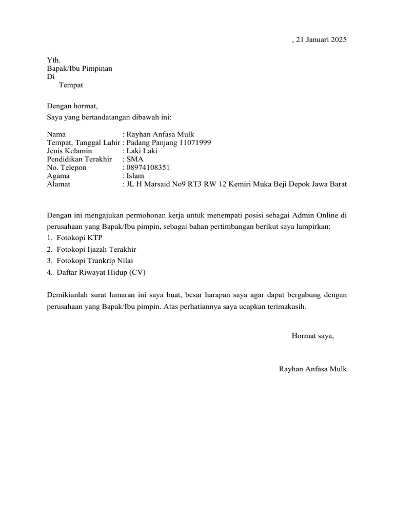 Surat Lamaran Rayha | PDF