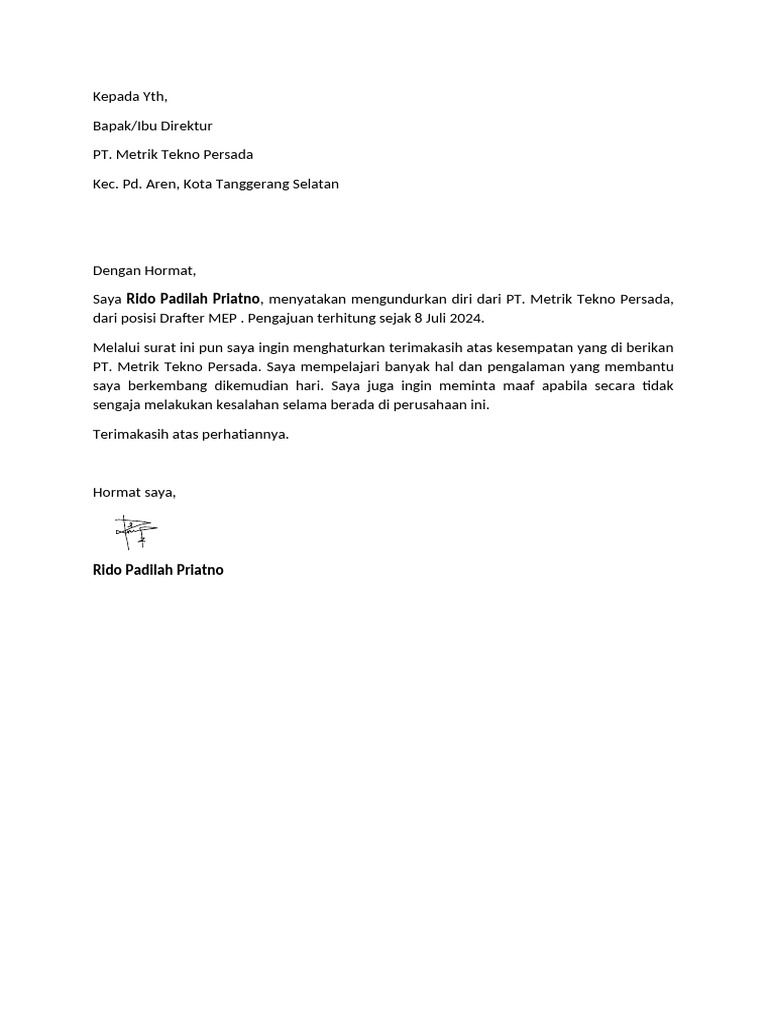 Surat Pengunduran Diri Rido Priatno | PDF
