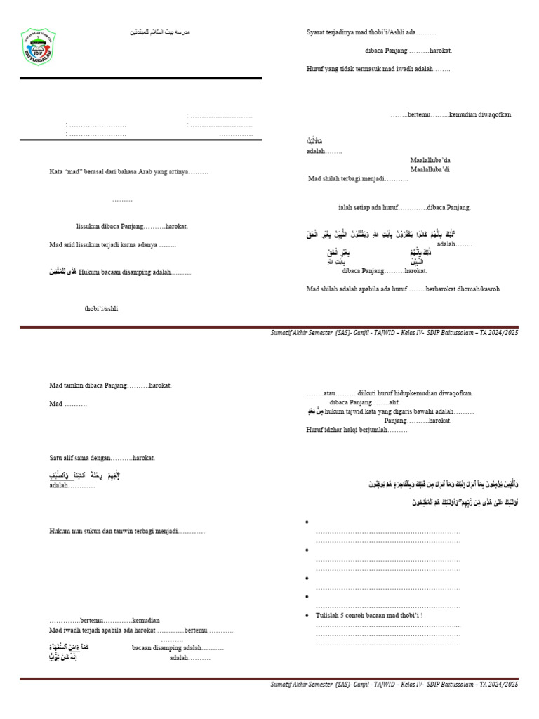 Soal Sas Tajwid Ganjil (Kelas 6) | PDF