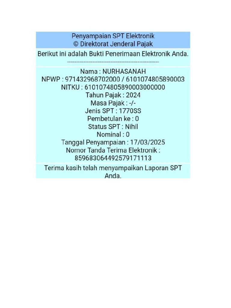 Bukti Lapor SPT Nurhasanah | PDF