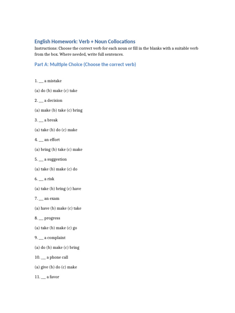 Verb_Noun_Collocations_Homework | PDF | Language Families | Languages