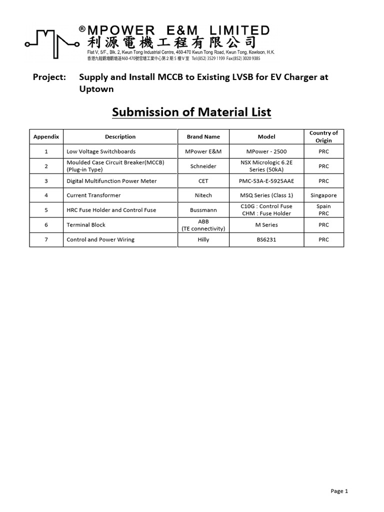 MCCB Material List for EV Charger Installation | PDF