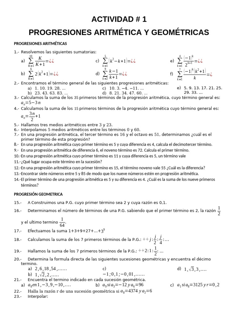 Actividad # 1 Progresiones Aritmética y Geométrica | PDF | Matemáticas | Análisis matemático