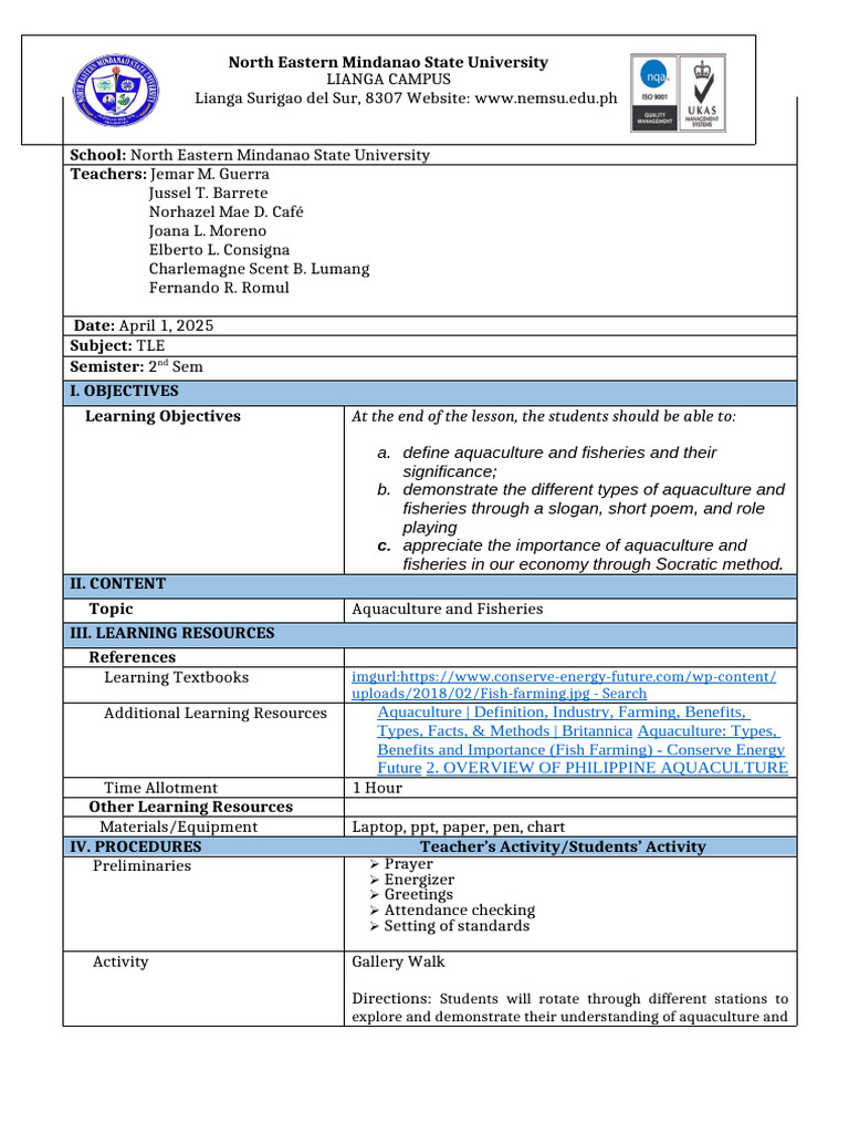 TLE AQUACULTURE LESSON PLAN Group 6 | PDF | Aquaculture | Fish