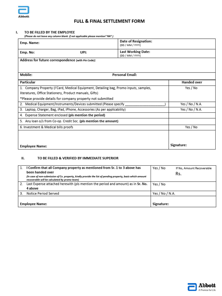 Full & Final Settlement Form (FIELD) | PDF