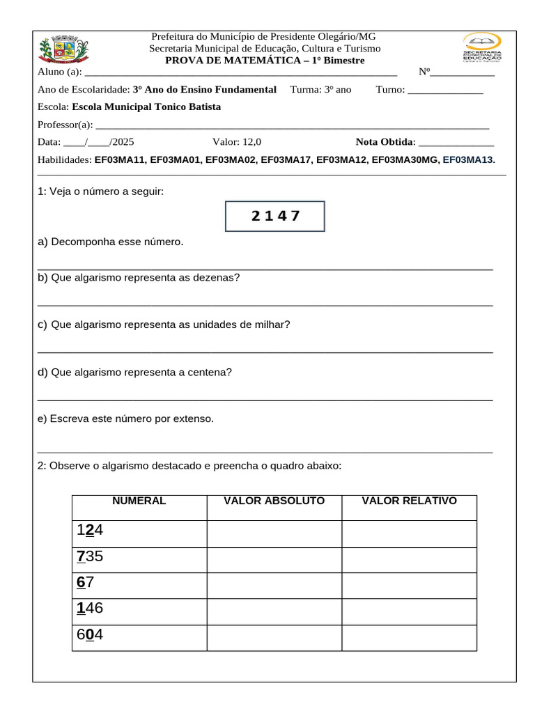 Prova Matemática 1º B (2) | PDF