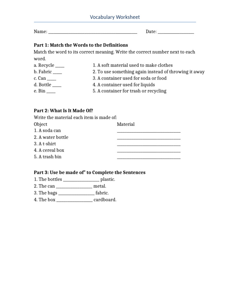 Vocabulary Worksheet on Recycling Materials | PDF | Recycling | Waste