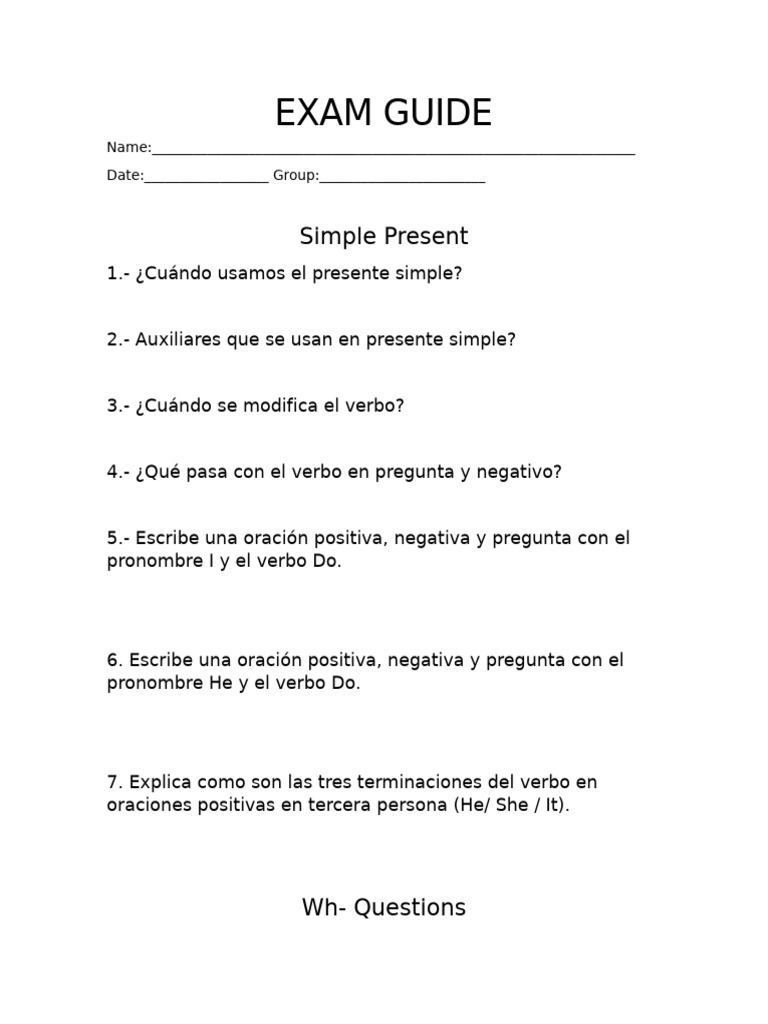 Guía de Examen: Presente Simple y Más | PDF
